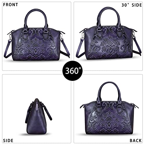 Genuine Leather Satchel for Women Embossed Leather Handbag Top Handle Bags Handmade Purse Crossbody Tote Handbags (Purple)