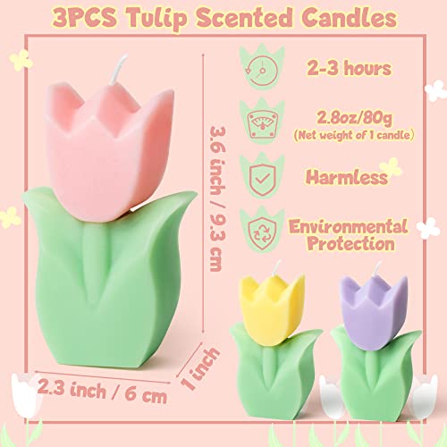 COcnny 3pcs Spring Tulip Candle Easter Decor, Tulip Shaped Scented Candles Decorations, Flower Aesthetic Paraffin Soy Wax Stress Relief Aromatherapy Candle for Home Bedroom Birthday Gift Party Favors