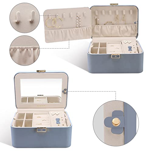 KAMIER Jewelry Box, 2 Layers PU Leather Jewelry Organizer Box, Large Capacity, Double Lock and Large Mirror, Hidden Necklace Hooks, Removable Dividers, Gift Box Packaging,Bluish Grey