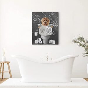 Bathroom Decor Canvas Wall Art Funny Dog Sitting in Toilet Pictures Black and White Animals Wall Decor Farmhouse Bathroom Painting for Bathroom Toilet Artwork Framed 12"x16"