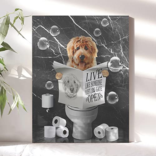 Bathroom Decor Canvas Wall Art Funny Dog Sitting in Toilet Pictures Black and White Animals Wall Decor Farmhouse Bathroom Painting for Bathroom Toilet Artwork Framed 12"x16"