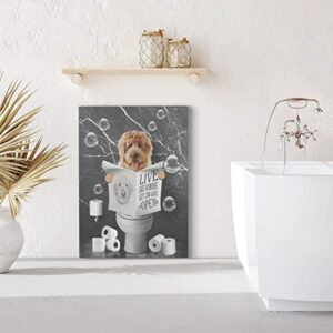 Bathroom Decor Canvas Wall Art Funny Dog Sitting in Toilet Pictures Black and White Animals Wall Decor Farmhouse Bathroom Painting for Bathroom Toilet Artwork Framed 12"x16"