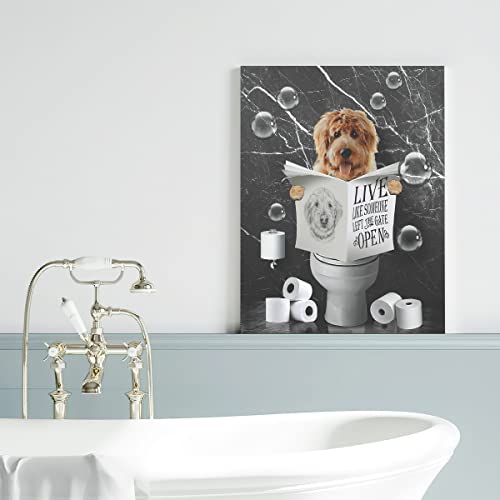 Bathroom Decor Canvas Wall Art Funny Dog Sitting in Toilet Pictures Black and White Animals Wall Decor Farmhouse Bathroom Painting for Bathroom Toilet Artwork Framed 12"x16"