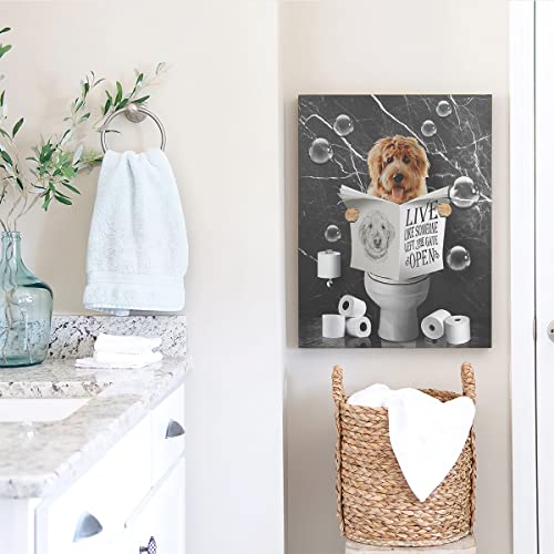 Bathroom Decor Canvas Wall Art Funny Dog Sitting in Toilet Pictures Black and White Animals Wall Decor Farmhouse Bathroom Painting for Bathroom Toilet Artwork Framed 12"x16"