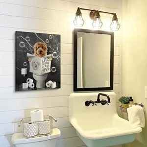 Bathroom Decor Canvas Wall Art Funny Dog Sitting in Toilet Pictures Black and White Animals Wall Decor Farmhouse Bathroom Painting for Bathroom Toilet Artwork Framed 12"x16"