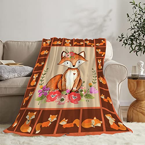 Fox Blanket for Girls Cozy Fluffy Cute Fox Floral Fleece Throw Blanket Soft Warm Plush Fuzzy Cartoon Foxes Animal Lightweight Flannel Gifts Blanket Adult Kids 50"X40"