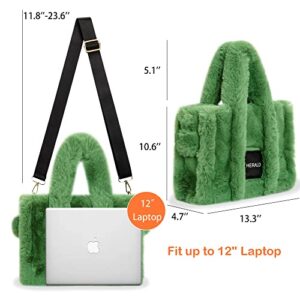 Herald Large Tote Bags For Women Soft Winter Fluffy Fuzzy Furry Plush Top Handle Purse and Handbag With Shoulder Strap (Green)