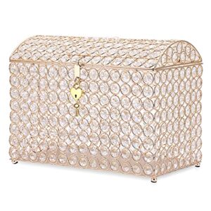 elldoo crystal wedding card box with heart lock, money card box treasure chest style gold gift for wedding receptions, centerpiece decor, anniversary, keepsake, gift display box