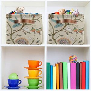 Kigai Retro Birds and Flowers Storage Baskets Rectangle Foldable Canvas Fabric Organizer Storage Boxes with Handles for Home Office Decorative Closet Shelves Clothes Storage