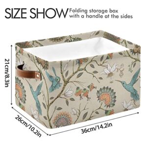 Kigai Retro Birds and Flowers Storage Baskets Rectangle Foldable Canvas Fabric Organizer Storage Boxes with Handles for Home Office Decorative Closet Shelves Clothes Storage