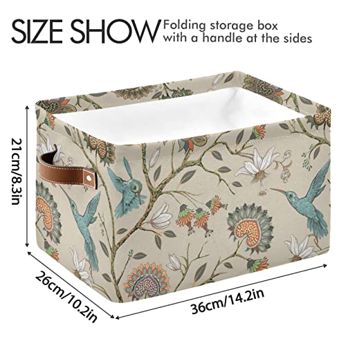 Kigai Retro Birds and Flowers Storage Baskets Rectangle Foldable Canvas Fabric Organizer Storage Boxes with Handles for Home Office Decorative Closet Shelves Clothes Storage