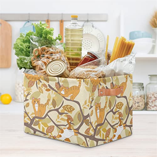 Pardick Large Collapsible Storage Bins ,Animal Cat Tree Decorative Canvas Fabric Storage Boxes Organizer with Handles，Rectangular Baskets Bin for Home Shelves Closet Nursery Gifts