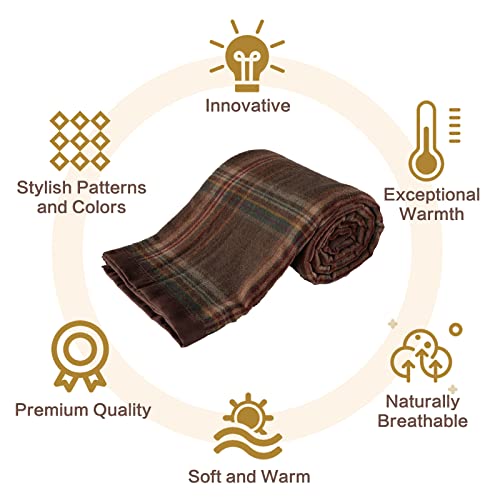 YOUR MOON Pure Wool Blanket Throw Queen Size 100% Australian Natural Wool Bed Blanket, Washable Wool Blanket Throw, Hypoallergenic- Non-Itchy Or Scratchy Fabric (Plaid Brown, 90 * 90)