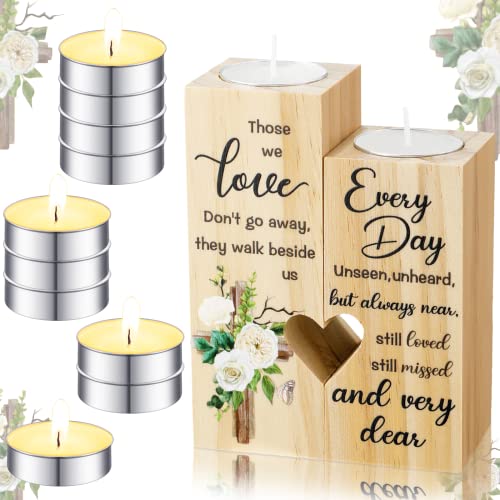 2 Pcs Memorial Gift Sympathy Candles for Loss of Loved Wooden Candle Holder with 10 Pcs Flameless Candles Birthday Mother's Day Remembrance Candlestick for Loss of Loved One (Flower Style)