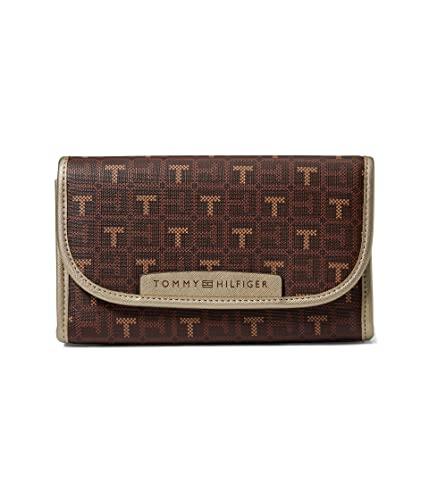 Tommy Hilfiger Kennedy II Flap Continental Wallet-Coated Square Monogram Chestnut/Heritage Brown/Gold Metallic Trim One Size