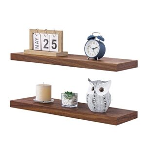 walnut floating shelves, 8” deep shelves wall mounted, 24 inch long rustic wood floating shelves for wall storage & decor, wide wooden shelves for bedroom, living room, kitchen, set of 2