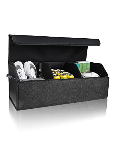 Fyzeoty Car Organizers and Storage - Trunk Organizer for Suv Sedan,Car Trunk Leather Storage Box,Extra Large,Magnetic Lid,Collapsible and Adjustable