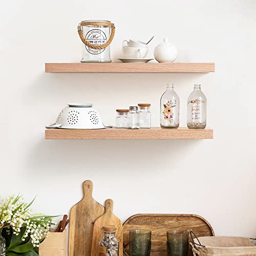 Oak Floating Shelves, 8 Inch Deep Floating Shelf Wall Mounted, 24 Inch Long Wooden Wall Shelf Set of 2, Farmhouse Rustic Hanging Shelving for Kitchen, Bedroom, Living Room, Natural Oak Color