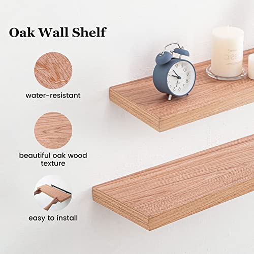 Oak Floating Shelves, 8 Inch Deep Floating Shelf Wall Mounted, 24 Inch Long Wooden Wall Shelf Set of 2, Farmhouse Rustic Hanging Shelving for Kitchen, Bedroom, Living Room, Natural Oak Color