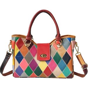 Tote Bags for Women Fashion Multicolor Plaid Handbag Ladies Colorful Satchel Bags Genuine Leather Top Handle Shoulder Purses (Multicolor)