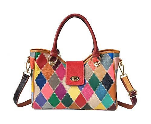 Tote Bags for Women Fashion Multicolor Plaid Handbag Ladies Colorful Satchel Bags Genuine Leather Top Handle Shoulder Purses (Multicolor)