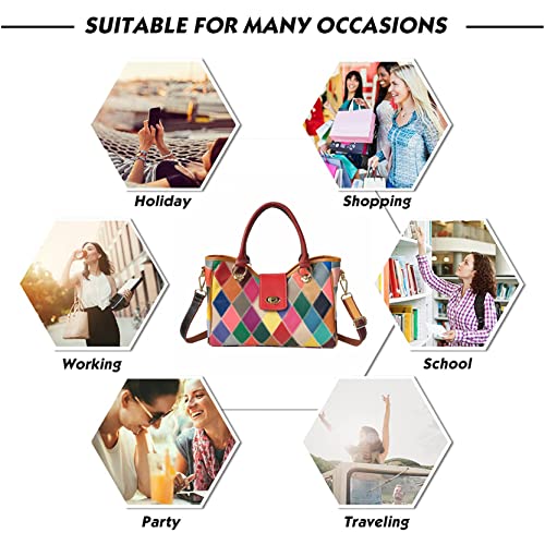 Tote Bags for Women Fashion Multicolor Plaid Handbag Ladies Colorful Satchel Bags Genuine Leather Top Handle Shoulder Purses (Multicolor)