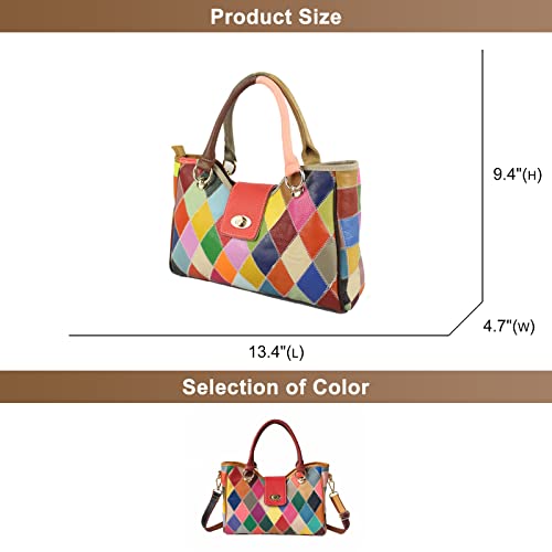 Tote Bags for Women Fashion Multicolor Plaid Handbag Ladies Colorful Satchel Bags Genuine Leather Top Handle Shoulder Purses (Multicolor)