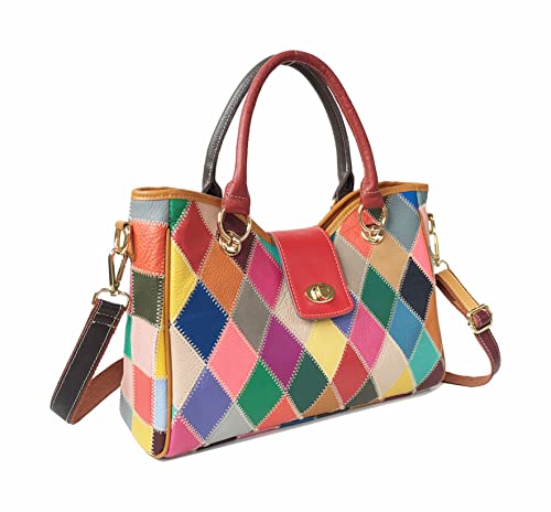 Tote Bags for Women Fashion Multicolor Plaid Handbag Ladies Colorful Satchel Bags Genuine Leather Top Handle Shoulder Purses (Multicolor)