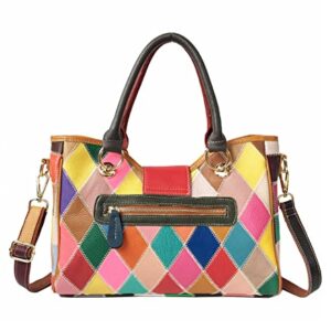 Tote Bags for Women Fashion Multicolor Plaid Handbag Ladies Colorful Satchel Bags Genuine Leather Top Handle Shoulder Purses (Multicolor)