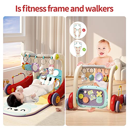 Jovow 2 in 1 Baby Gym with Walker,Baby Play Mat with 5 Infant Learning Sensory,Double-Sided Multifunctional Removable Play Piano Panel ,Sit-to-Stand Learning Walker for 0-24 Months Boy Girl