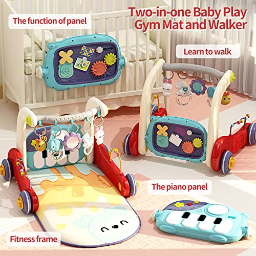 Jovow 2 in 1 Baby Gym with Walker,Baby Play Mat with 5 Infant Learning Sensory,Double-Sided Multifunctional Removable Play Piano Panel ,Sit-to-Stand Learning Walker for 0-24 Months Boy Girl