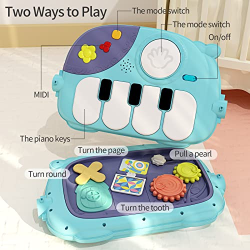 Jovow 2 in 1 Baby Gym with Walker,Baby Play Mat with 5 Infant Learning Sensory,Double-Sided Multifunctional Removable Play Piano Panel ,Sit-to-Stand Learning Walker for 0-24 Months Boy Girl