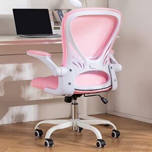 hramk office chair mid back swivel desk chair with flip-up arms, breathable mesh computer chair, lumbar support task chair with wheels, height adjustable (pink)