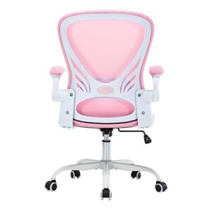 Hramk Office Chair Mid Back Swivel Desk Chair with Flip-up Arms, Breathable Mesh Computer Chair, Lumbar Support Task Chair with Wheels, Height Adjustable (Pink)