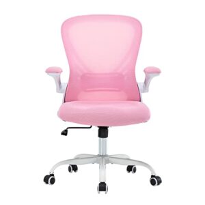 Hramk Office Chair Mid Back Swivel Desk Chair with Flip-up Arms, Breathable Mesh Computer Chair, Lumbar Support Task Chair with Wheels, Height Adjustable (Pink)