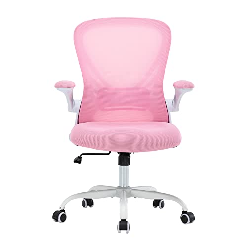 Hramk Office Chair Mid Back Swivel Desk Chair with Flip-up Arms, Breathable Mesh Computer Chair, Lumbar Support Task Chair with Wheels, Height Adjustable (Pink)