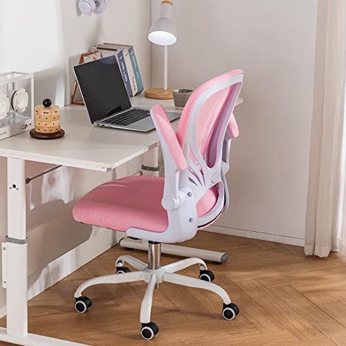 Hramk Office Chair Mid Back Swivel Desk Chair with Flip-up Arms, Breathable Mesh Computer Chair, Lumbar Support Task Chair with Wheels, Height Adjustable (Pink)