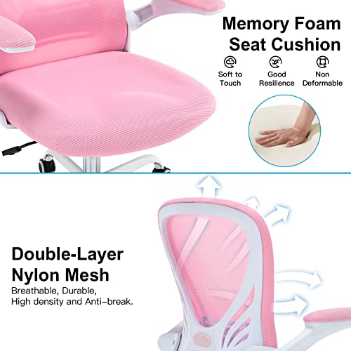 Hramk Office Chair Mid Back Swivel Desk Chair with Flip-up Arms, Breathable Mesh Computer Chair, Lumbar Support Task Chair with Wheels, Height Adjustable (Pink)