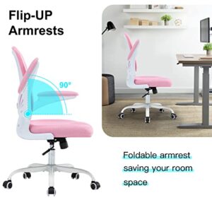 Hramk Office Chair Mid Back Swivel Desk Chair with Flip-up Arms, Breathable Mesh Computer Chair, Lumbar Support Task Chair with Wheels, Height Adjustable (Pink)