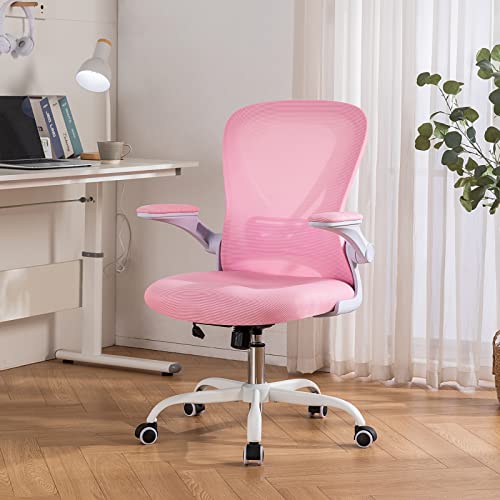 Hramk Office Chair Mid Back Swivel Desk Chair with Flip-up Arms, Breathable Mesh Computer Chair, Lumbar Support Task Chair with Wheels, Height Adjustable (Pink)