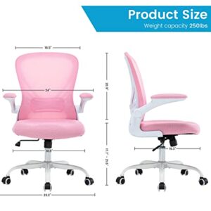 Hramk Office Chair Mid Back Swivel Desk Chair with Flip-up Arms, Breathable Mesh Computer Chair, Lumbar Support Task Chair with Wheels, Height Adjustable (Pink)