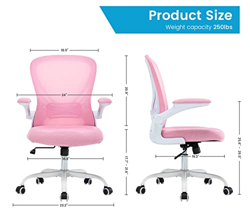 Hramk Office Chair Mid Back Swivel Desk Chair with Flip-up Arms, Breathable Mesh Computer Chair, Lumbar Support Task Chair with Wheels, Height Adjustable (Pink)