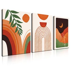 boho wall art set of 3, boho bedroom decor orange minimalist wall decor art, mid century modern wall art, neutral abstract geometric framed canvas prints wall art for bathroom 12″x16″