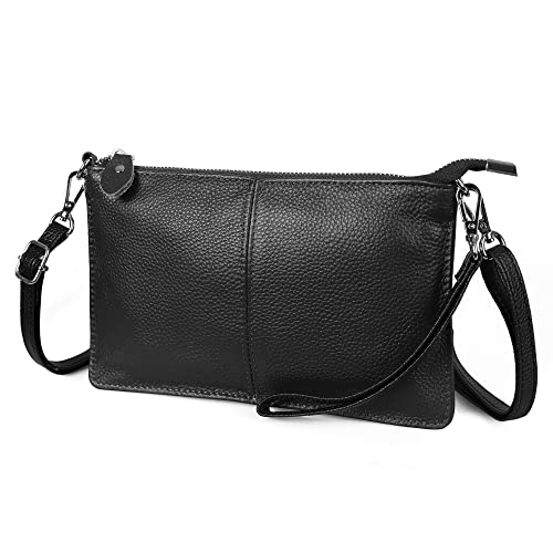 Belfen Small Crossbody Bags for Women, Leather Clutch Wristlet Wallets Cell Phone Purses Handbags with Leather Cross Body Shoulder Strap -Black