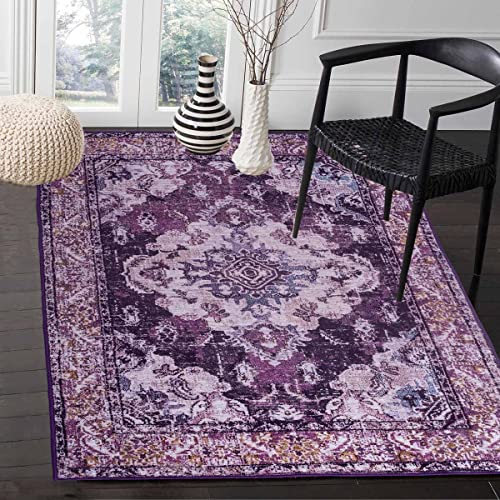 Bohemian Medallion Chic Area Rug,3'X 5' Purple Living Room Bedroom Dining Room Non-Slip Backing Soft Faux Wool Floor Carpet for Kitchen Bedroom Bathroom Dining Room