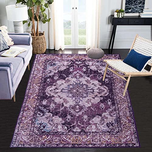 Bohemian Medallion Chic Area Rug,3'X 5' Purple Living Room Bedroom Dining Room Non-Slip Backing Soft Faux Wool Floor Carpet for Kitchen Bedroom Bathroom Dining Room