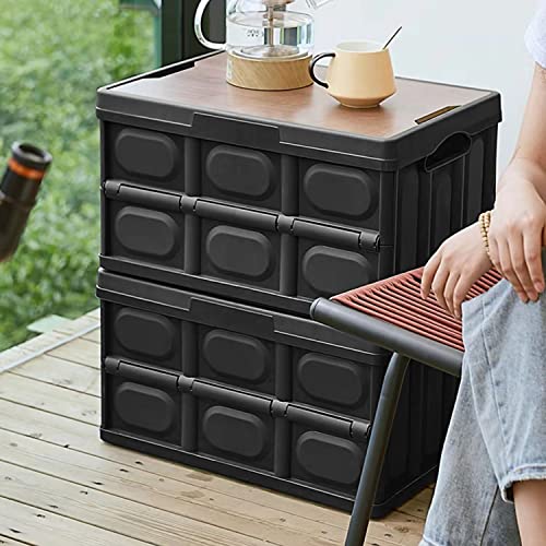 Collapsible Storage Box 55L Folding Storage Bin with MDF Lid Storage Container Shelf Basket Cloth Closet Car Organizer Outdoor Picnic Transport Box Toy Clothes Book Holder Plastic Tote Crate- Black