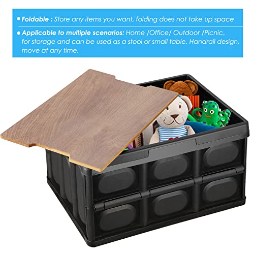 Collapsible Storage Box 55L Folding Storage Bin with MDF Lid Storage Container Shelf Basket Cloth Closet Car Organizer Outdoor Picnic Transport Box Toy Clothes Book Holder Plastic Tote Crate- Black