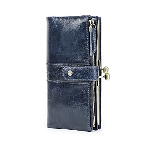 Contact's Kiss Lock Wallet for Women Leather Clutch Wallet Vintage Coin Purse RFID Wallet Bifold Blue Card Phone Holder