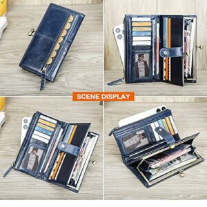 Contact's Kiss Lock Wallet for Women Leather Clutch Wallet Vintage Coin Purse RFID Wallet Bifold Blue Card Phone Holder